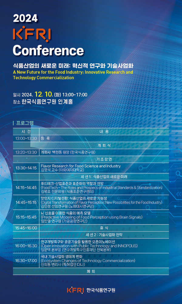 식품산업의 새로운 미래: 혁신적 연구와 기술사업화…10일 KFRI 컨퍼런스